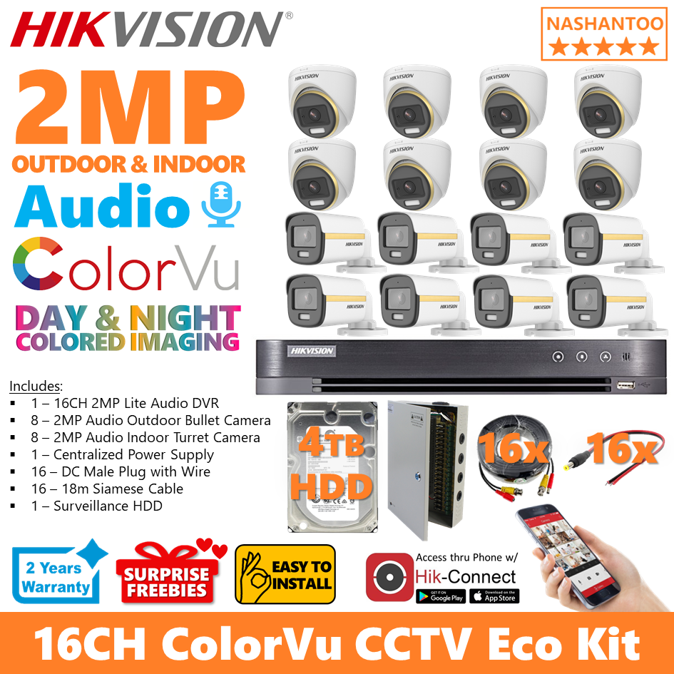 HIKVISION 16CH 2MP 16Cameras (8 Outdoor Bullet, 8 Indoor Turret/Dome ...
