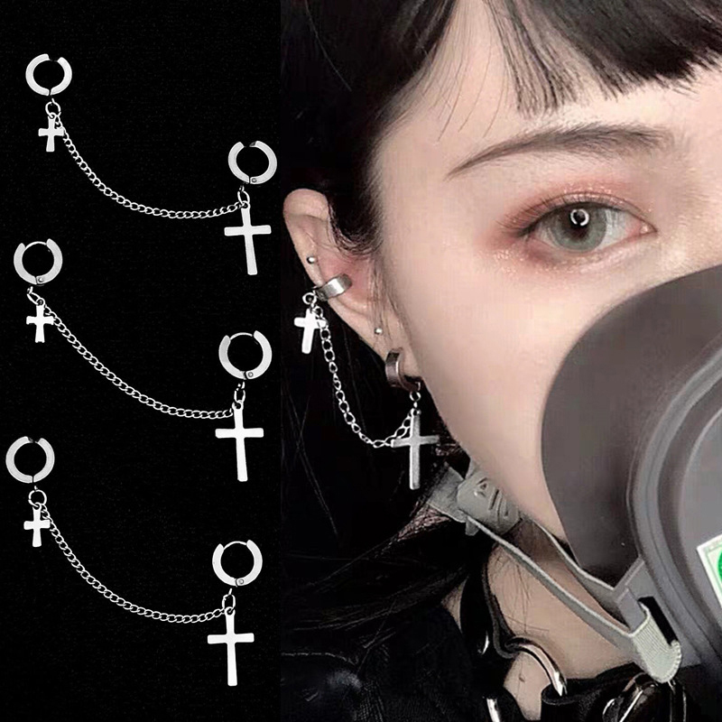 WEICHENG Punk Cross Tassel Clip Earrings for Women Men Ear Vintage ...