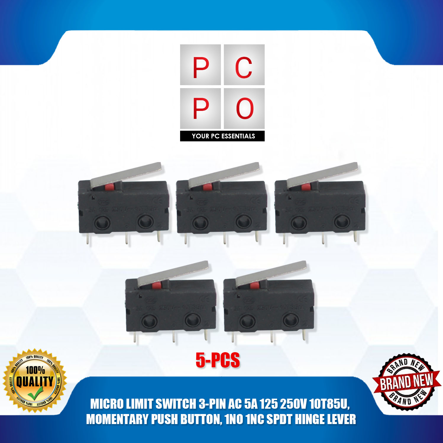 MICRO LIMIT SWITCH 3-PIN AC 5A 125 250V 10T85U, MOMENTARY PUSH BUTTON, 1NO 1NC SPDT HINGE LEVER ...