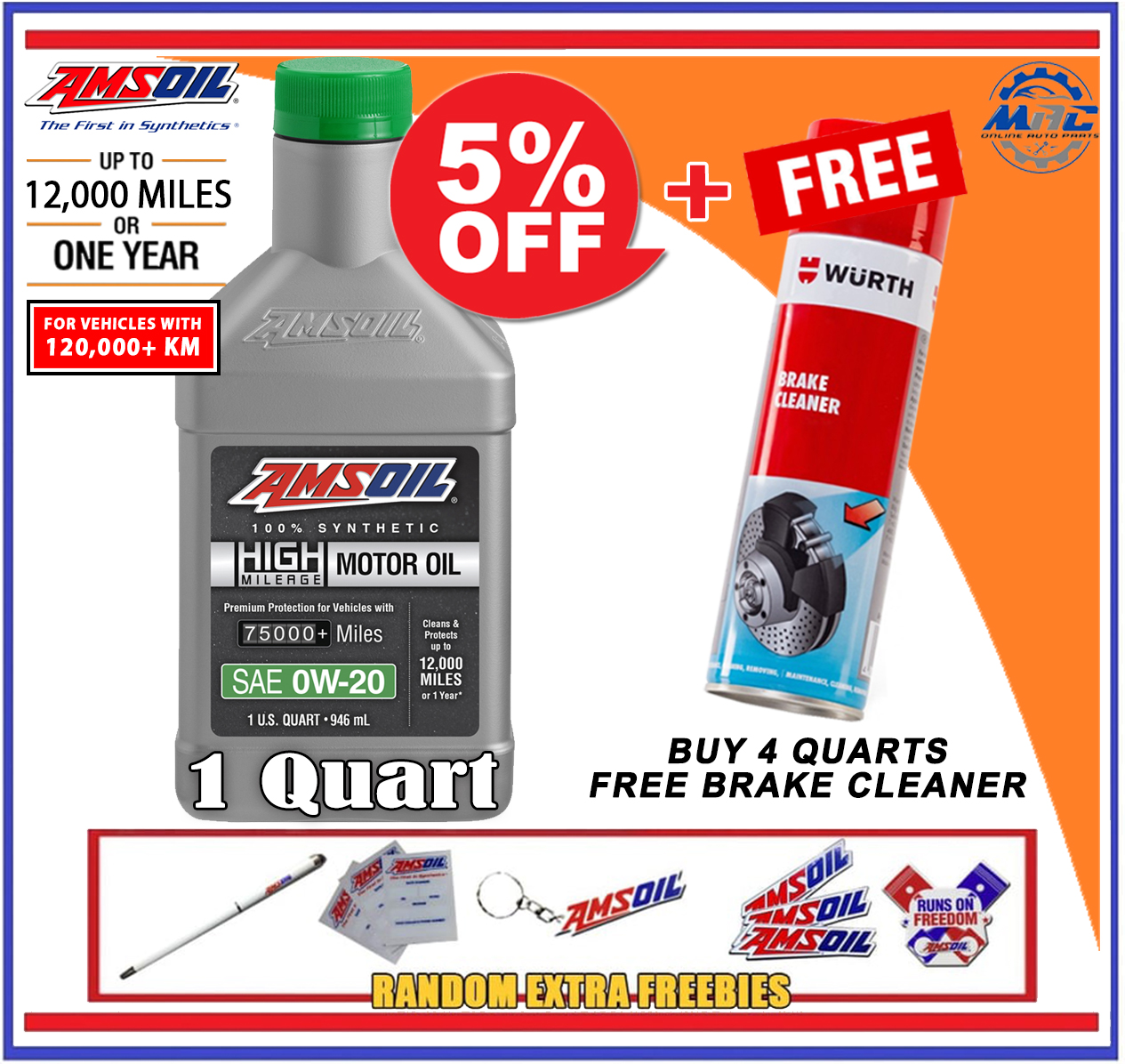 AMSOIL HIGH MILEAGE 0W-20 100% SYNTHETIC 1 QUART MOTOR OIL FOR GASOLINE ...