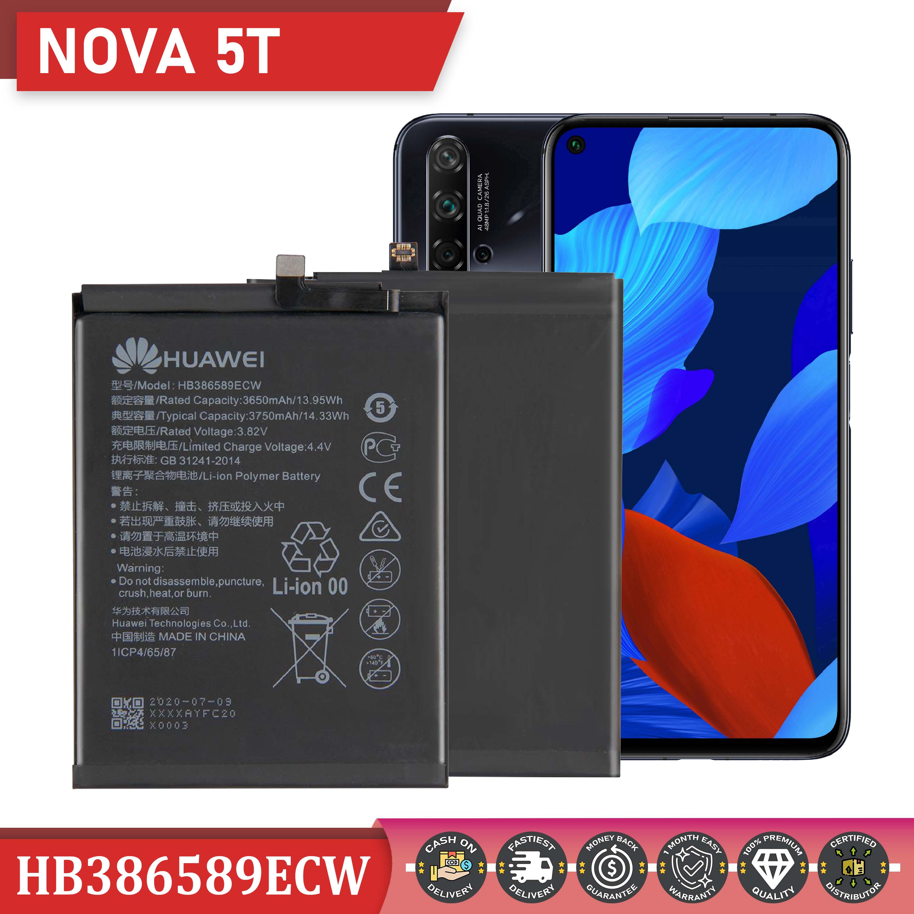 For Huawei Nova 5T Battery Original, Model: HB386589ECW High Quality ...