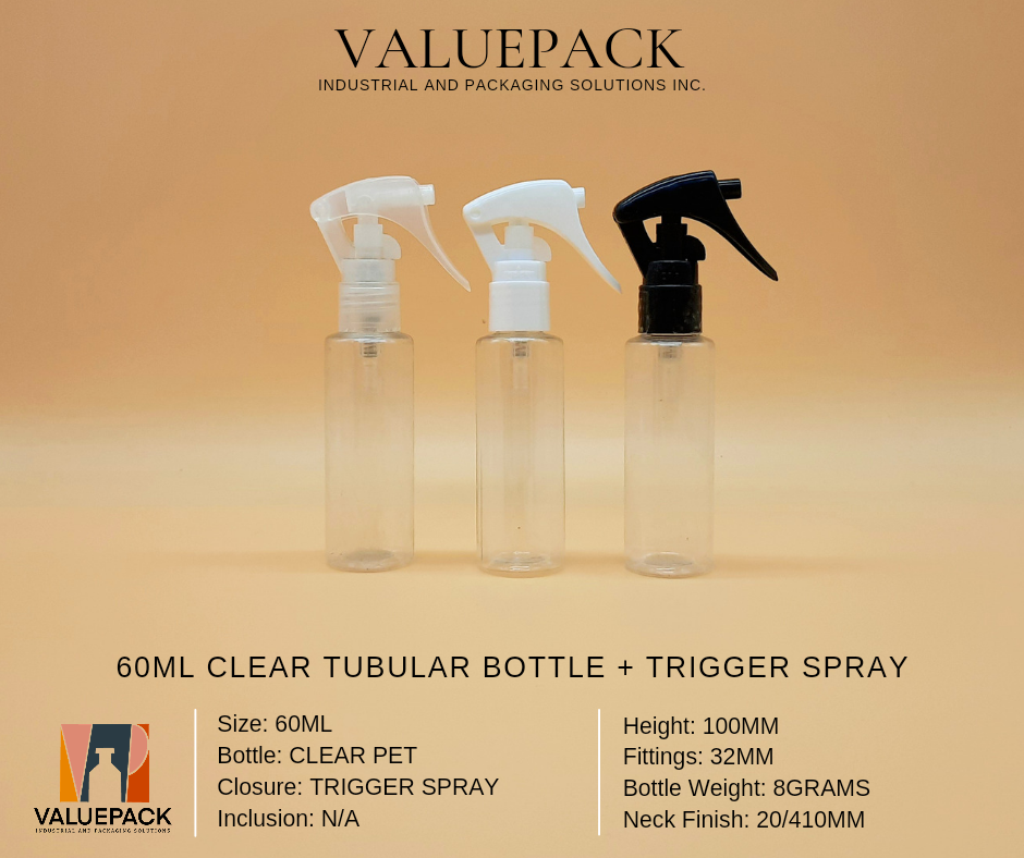 60ML CLEAR TUBULAR BOTTLE + MIST SPRAY, FLIPTOP CAP. TONER CAP, SCREW ...