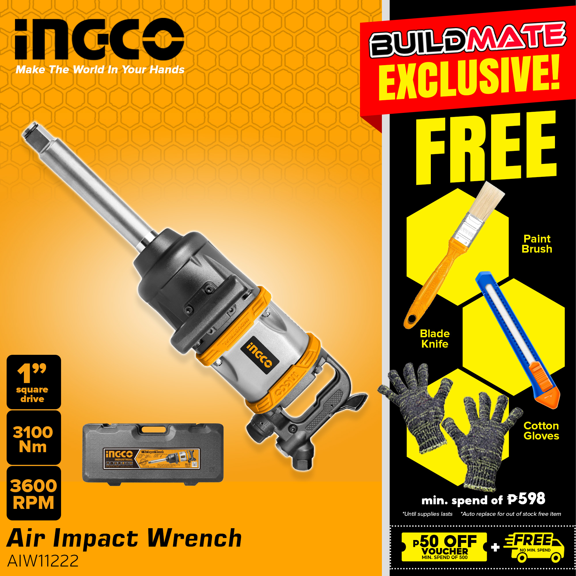 INGCO Air Impact Wrench 1" Pneumatic Square Drive AIW11222 •BUILDMATE ...
