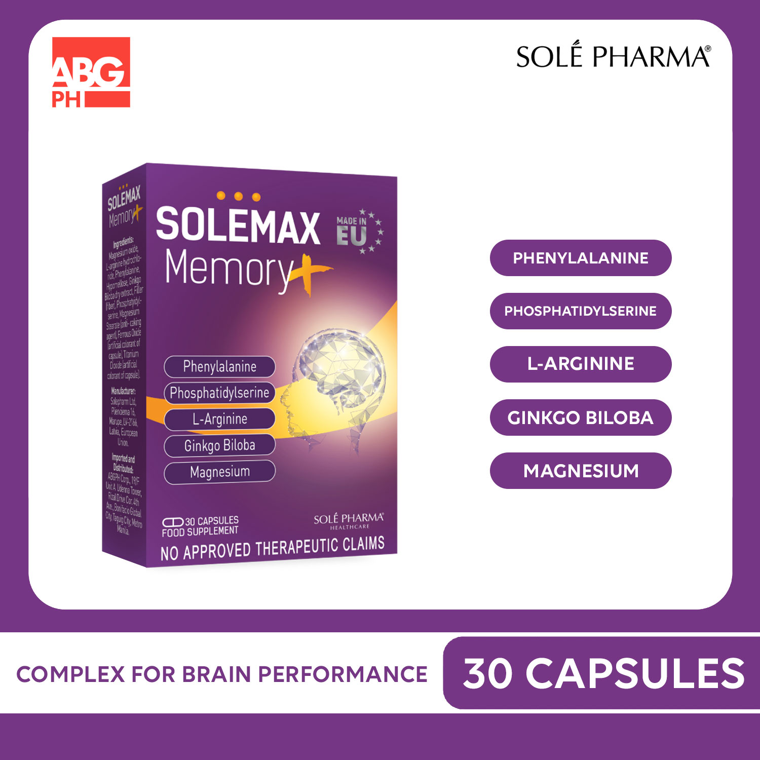ABGPH SOLEMAX Memory + Food Supplement 17.88g by 30's | Lazada PH