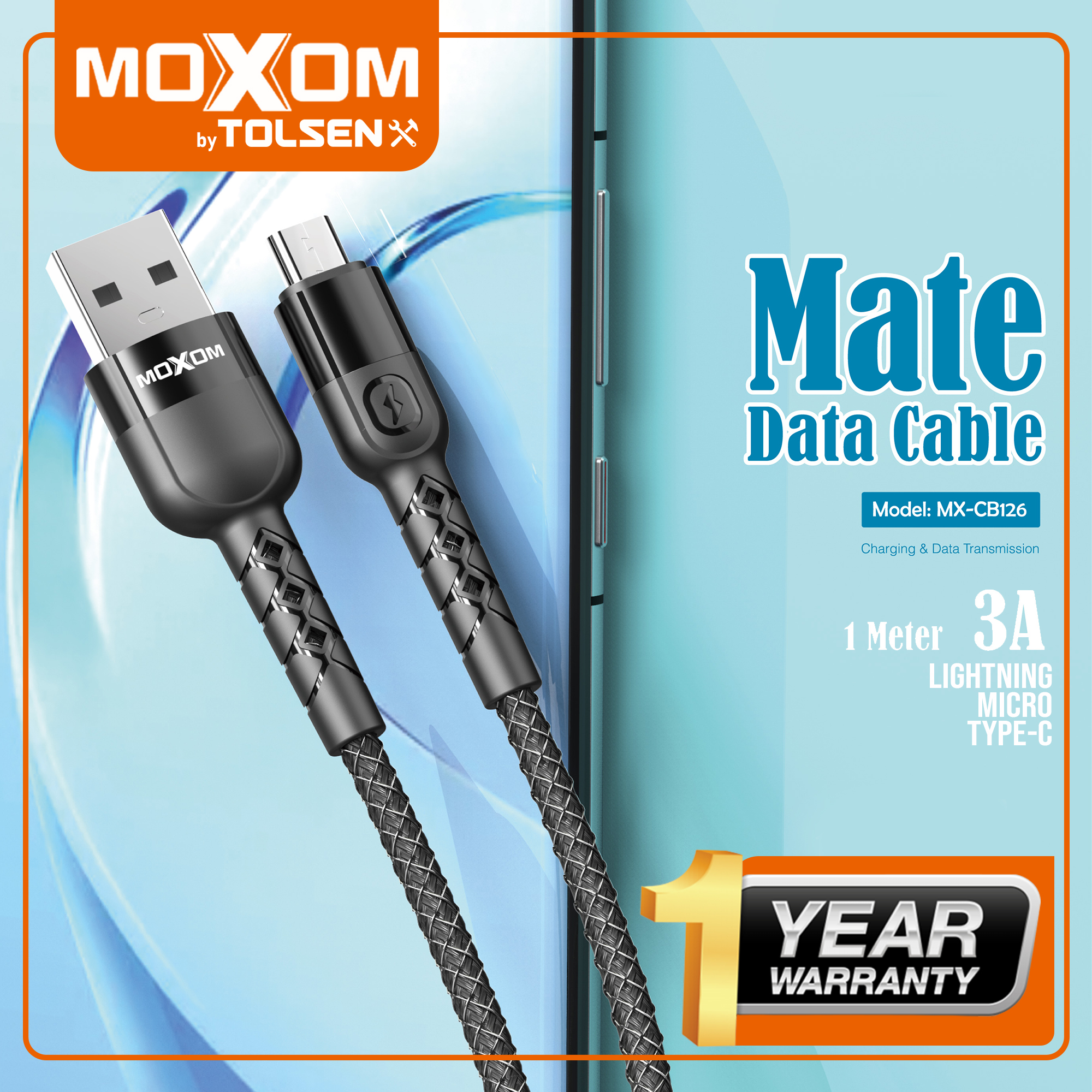 MOXOM Mate Quick Charging 3A Qualcomm 3.0 USB Cable 3A BLACK 1 Meter Pure Copper (Micro ...