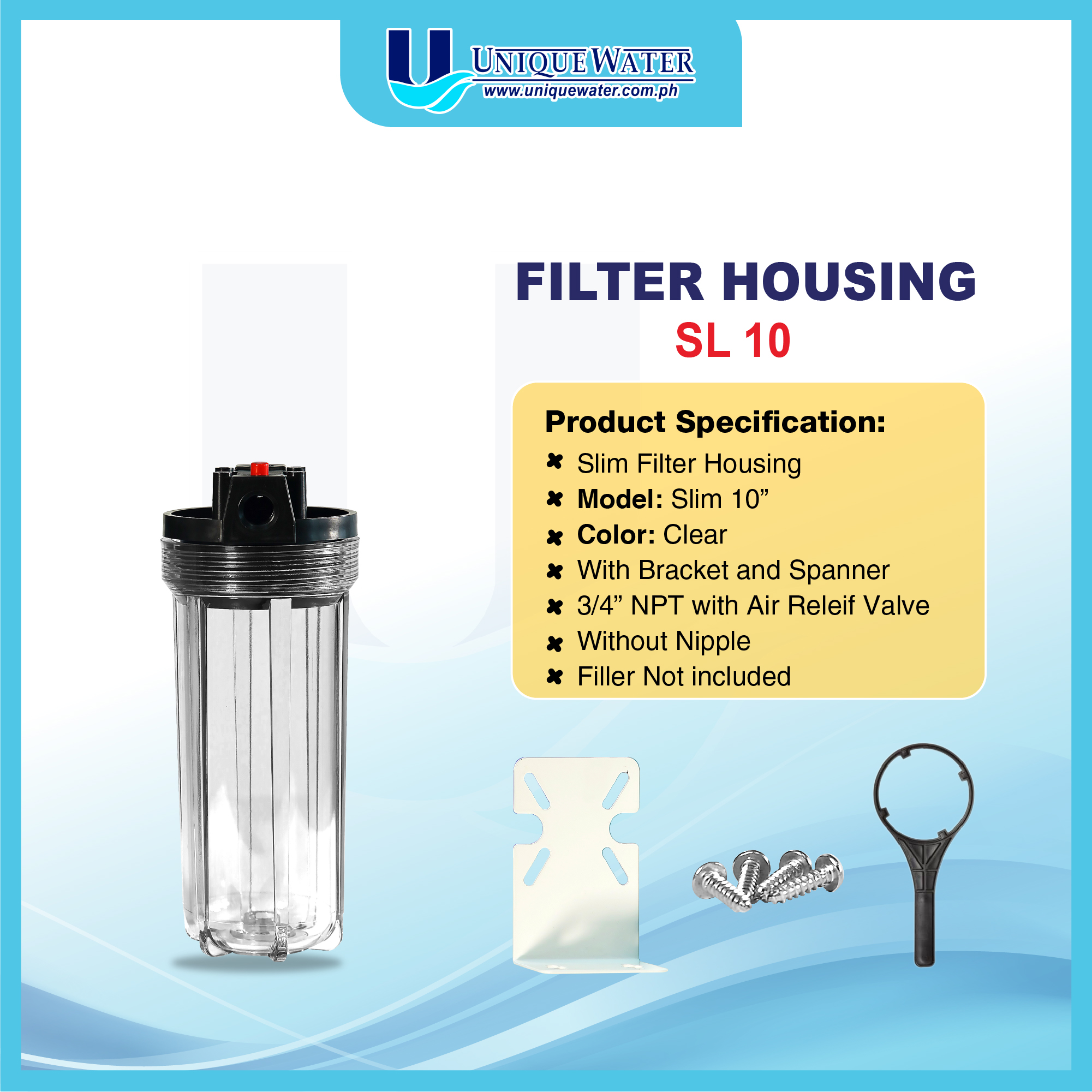 Filter Housing Slim 10" (Clear | 3/4" NPT) Complete with Bracket ...