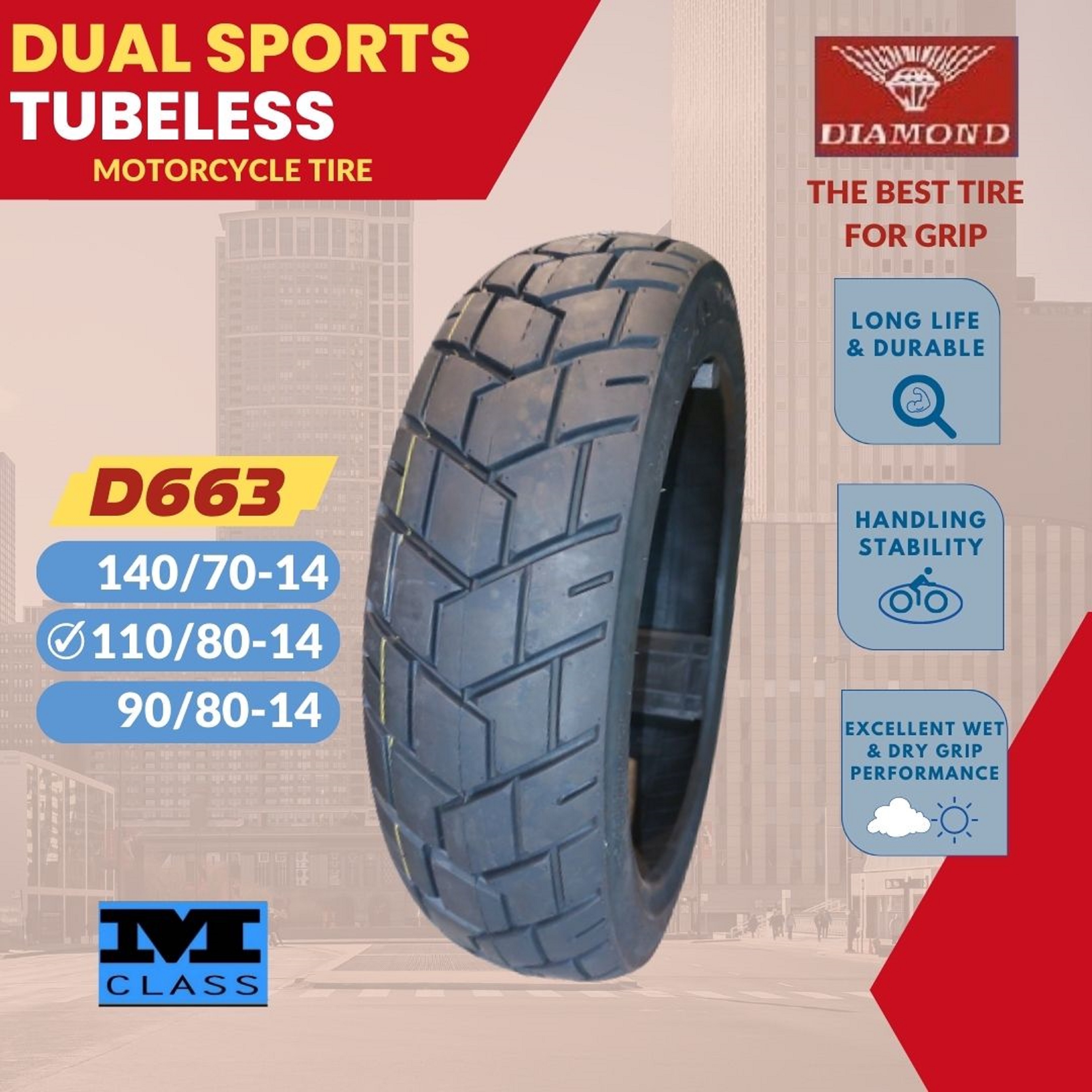 R14 D663 DIAMOND DUAL SPORTS TUBELESS TIRE FOR CLICK, AIRBLADE; MIO ...