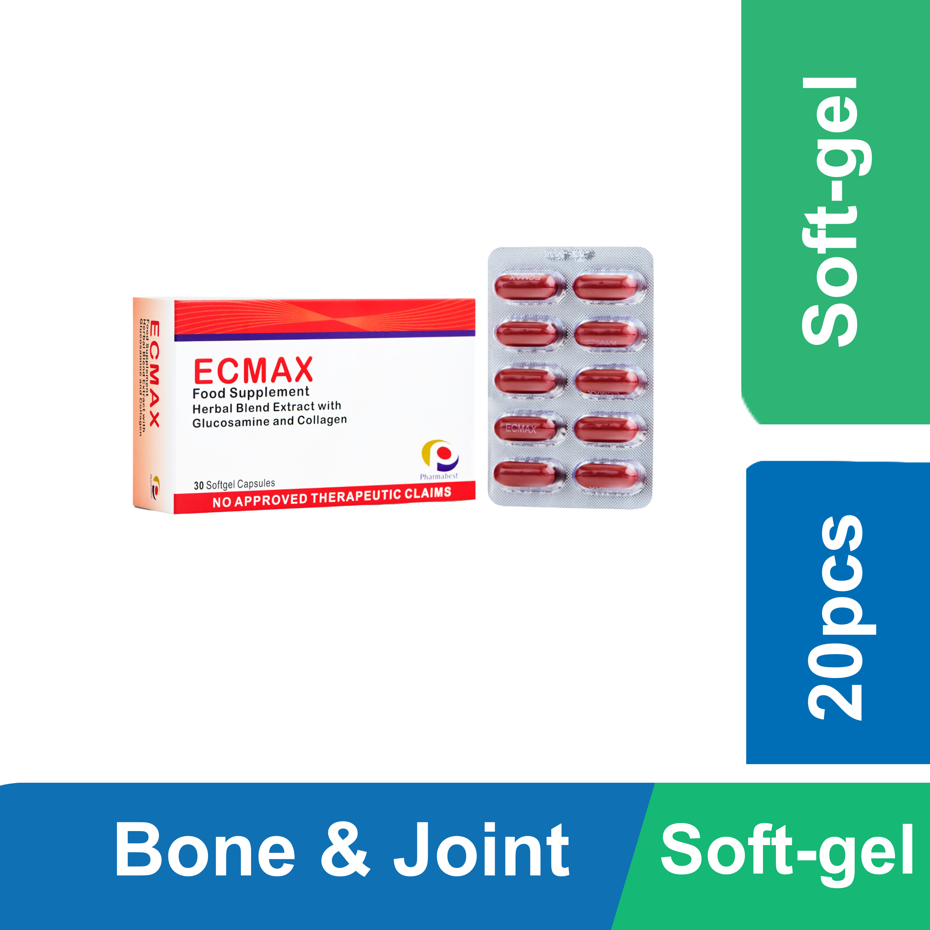 Ecmax Glucosamine & Collagen Herbal Supplement 20 Soft-gel Capsules ...