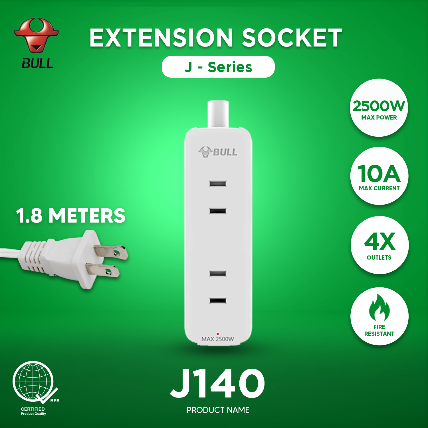 Bull Extension Socket J Series J140 180cm Cable 4 Outlets 2500w 10A ...