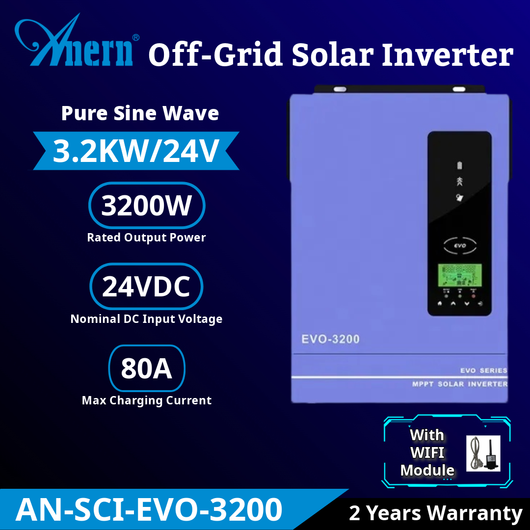 Anern Hybrid Solar Inverter 3KW 24V Hybrid Off Grid Inverter Built in MPPT Solar Charger 30V to ...