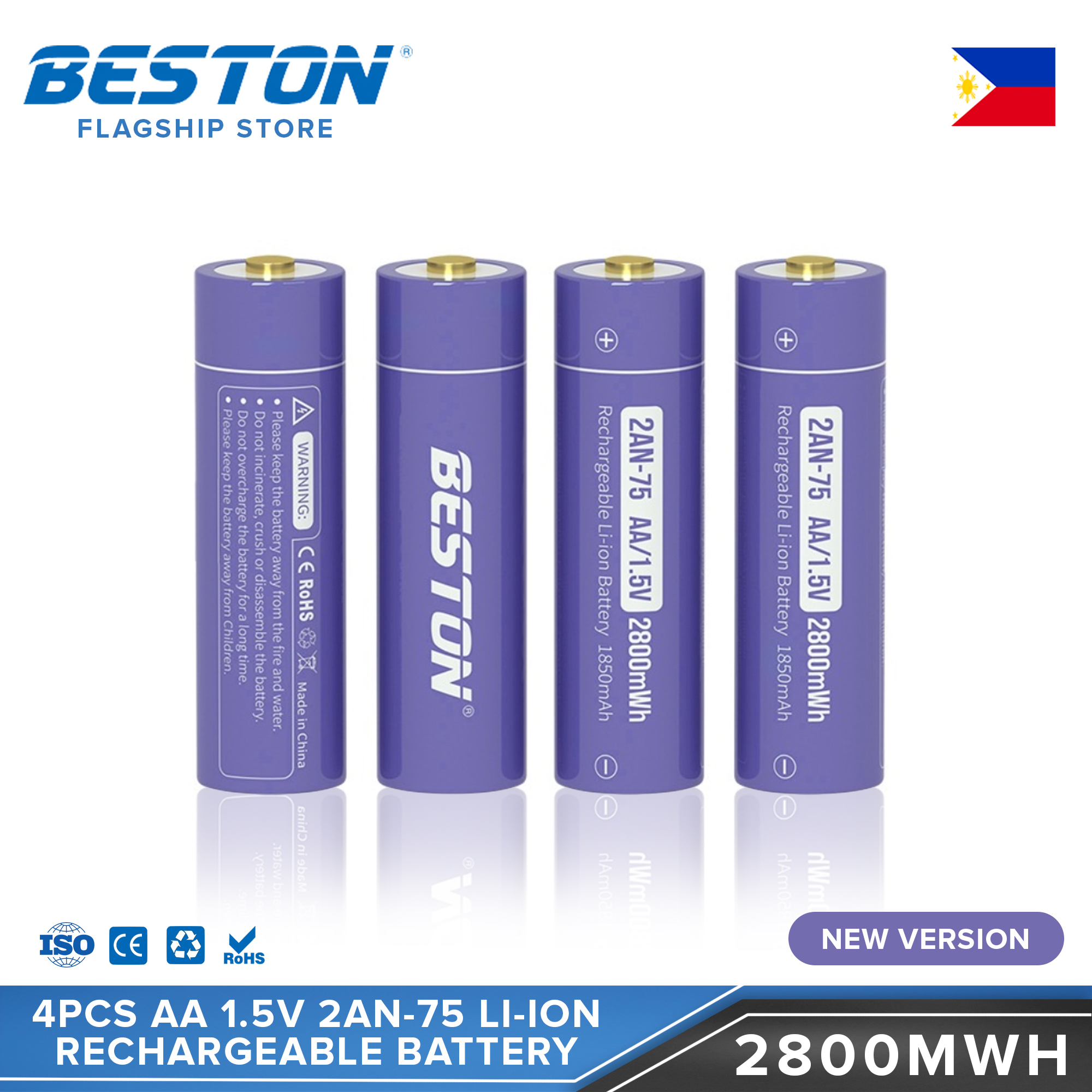 Beston 4pcs AA 1.5V 2800mWh 2AN-75 Li-ion Rechargeable Batteries ...