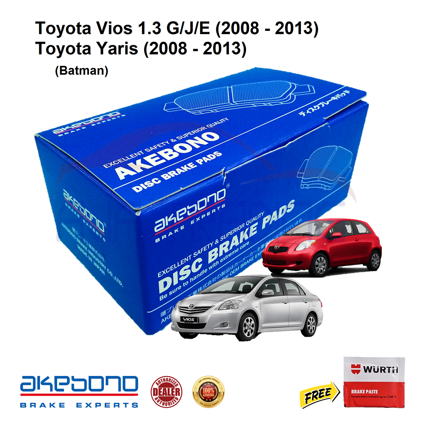 Genuine Akebono Front Brake Pads for Toyota Vios 1.3 G/J/E (2008 - 2013 ...
