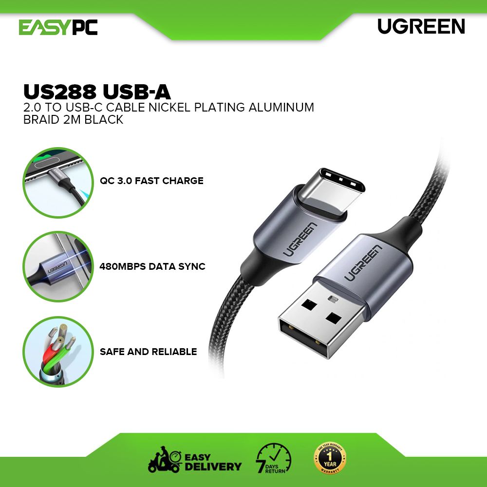 UGREEN US288 USB-A 2.0 to USB-C Cable Nickel Plating Aluminum Braided ...