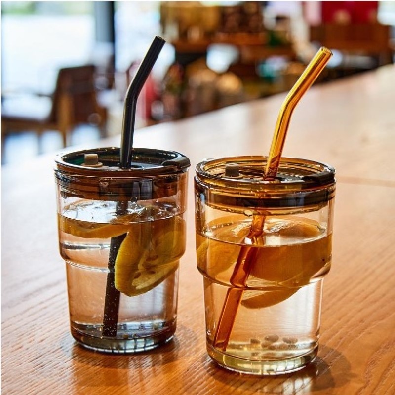 bea 450ML Glass Cup Coffee Mug w/ Glass Straw Glass Tumbler Tea Cups ...