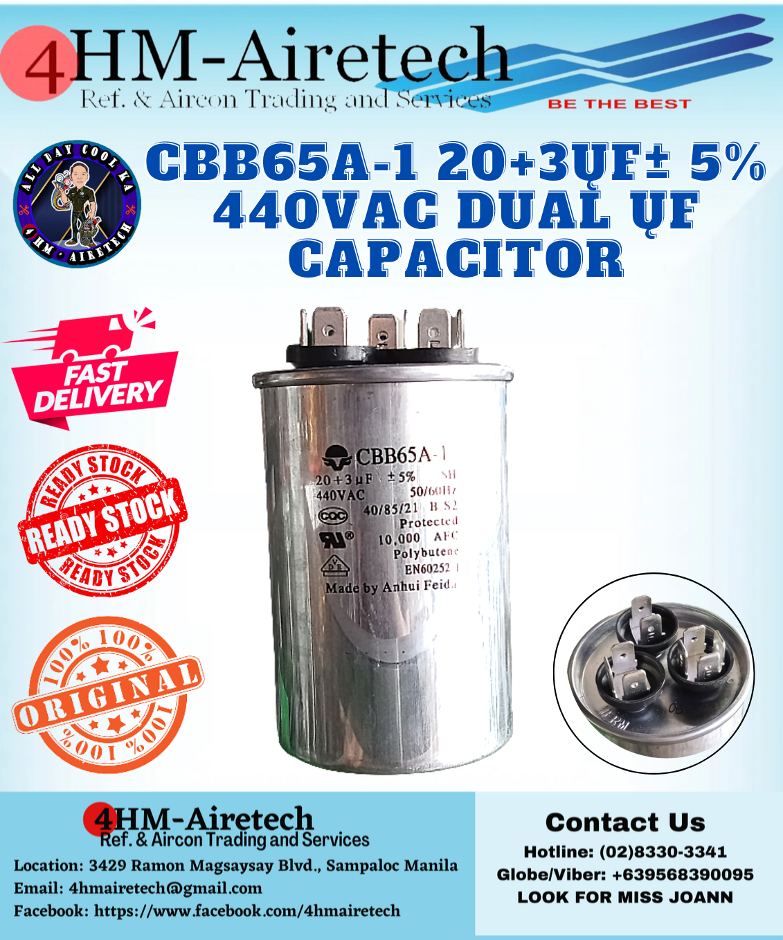 4HM CBB65A-1 20+3µF±5% 440VAC 50/60Hz SH DUAL CAPACITOR | Lazada PH