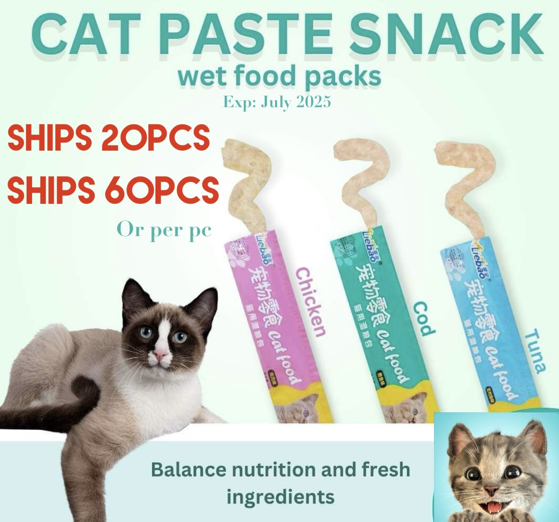 20/ 60pcs Liebao Cat Paste Cat Treats with Real Meat from Chicken Tuna and Cod Cat Treat Wet ...