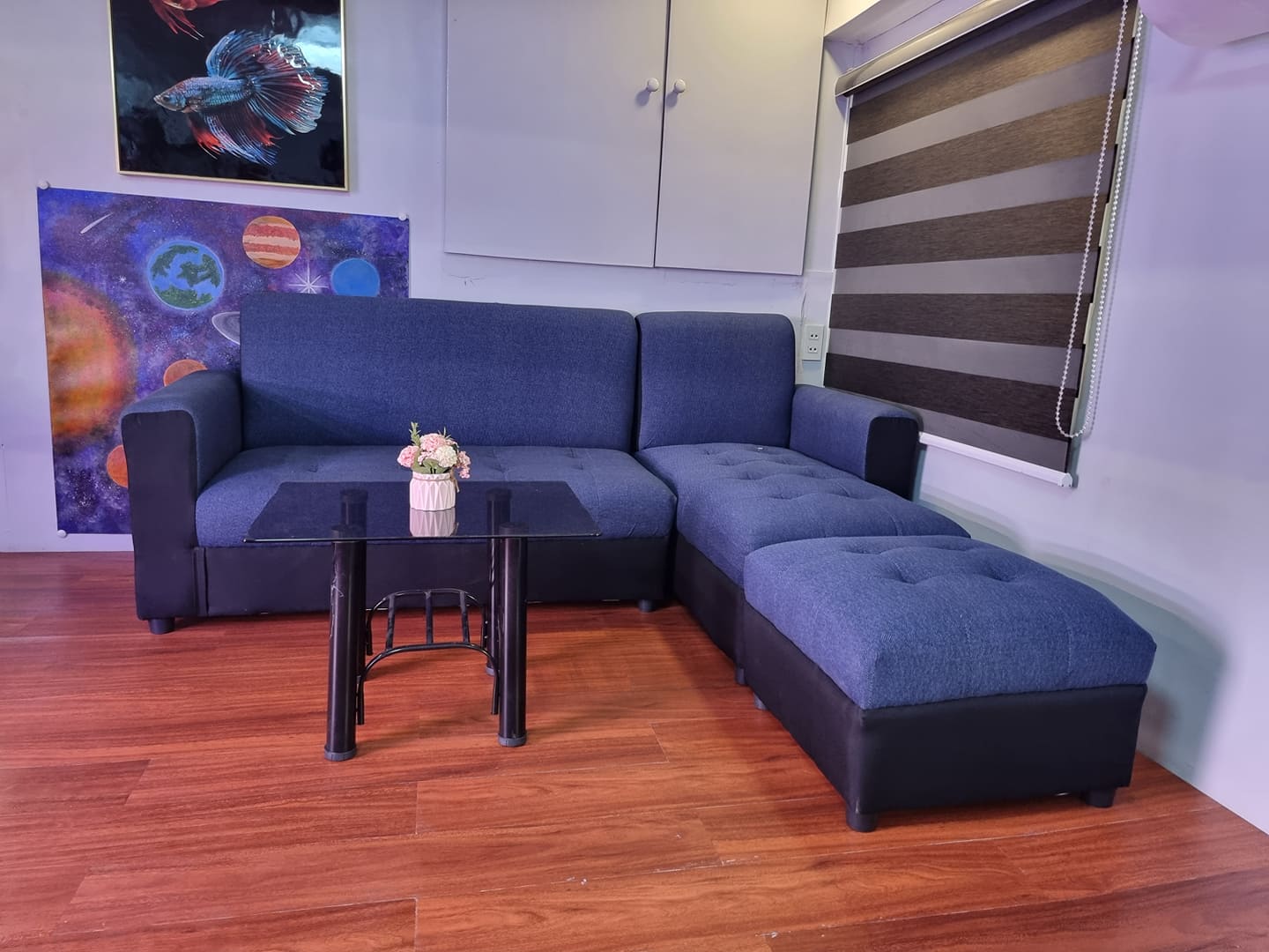 sala set L shape blue fabric with glass table uratex foam cod ...