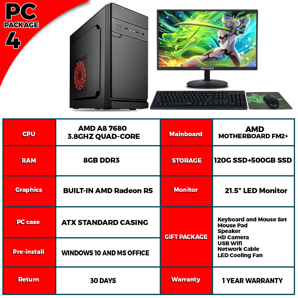 Desktop Computer Set Gaming PC Set with RGB fans AMD A8-7680 3.8 GHz R7 ...