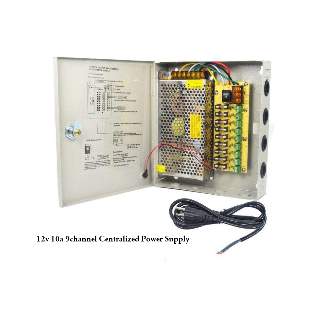 12V 10A CCTV Centralized Power Supply 9 PORTS DC Adapter Regulated ...