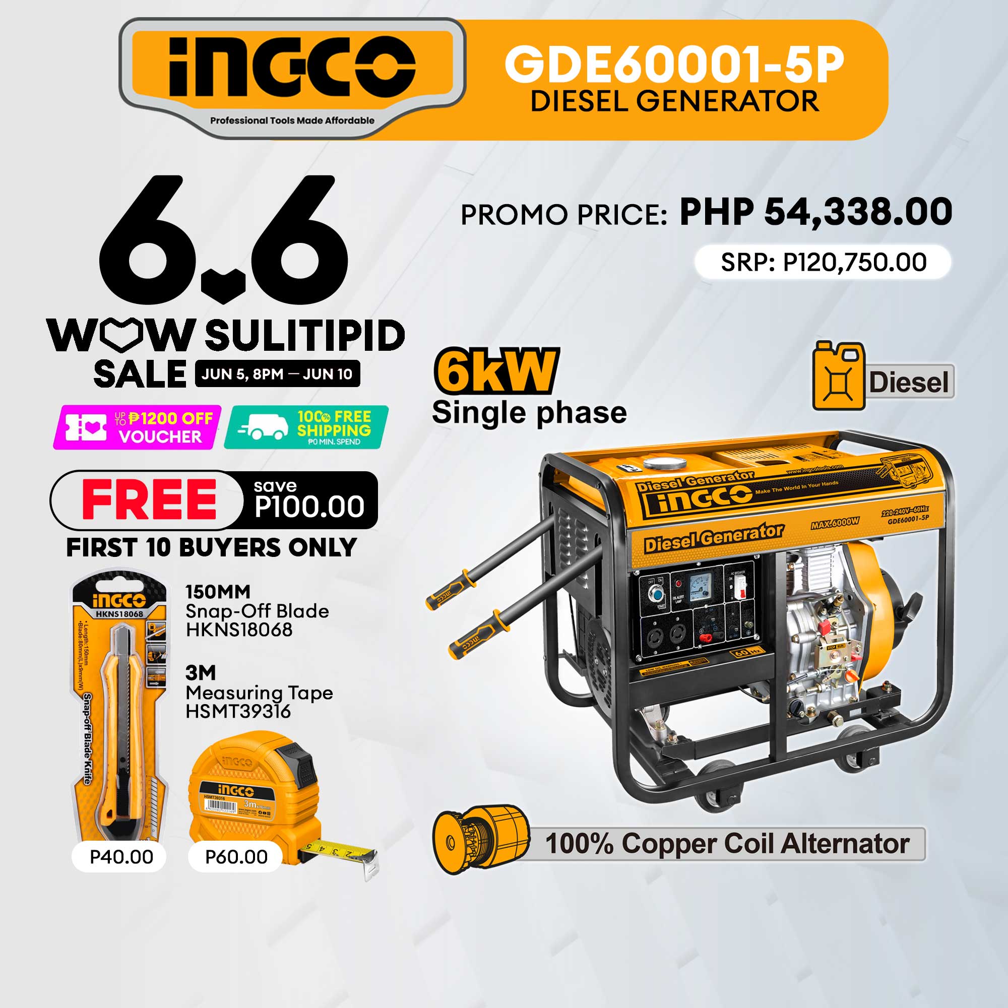 Ingco Diesel Generator Backup Power 15L 6KVA / 6000W GDE60001-5P IPT ...