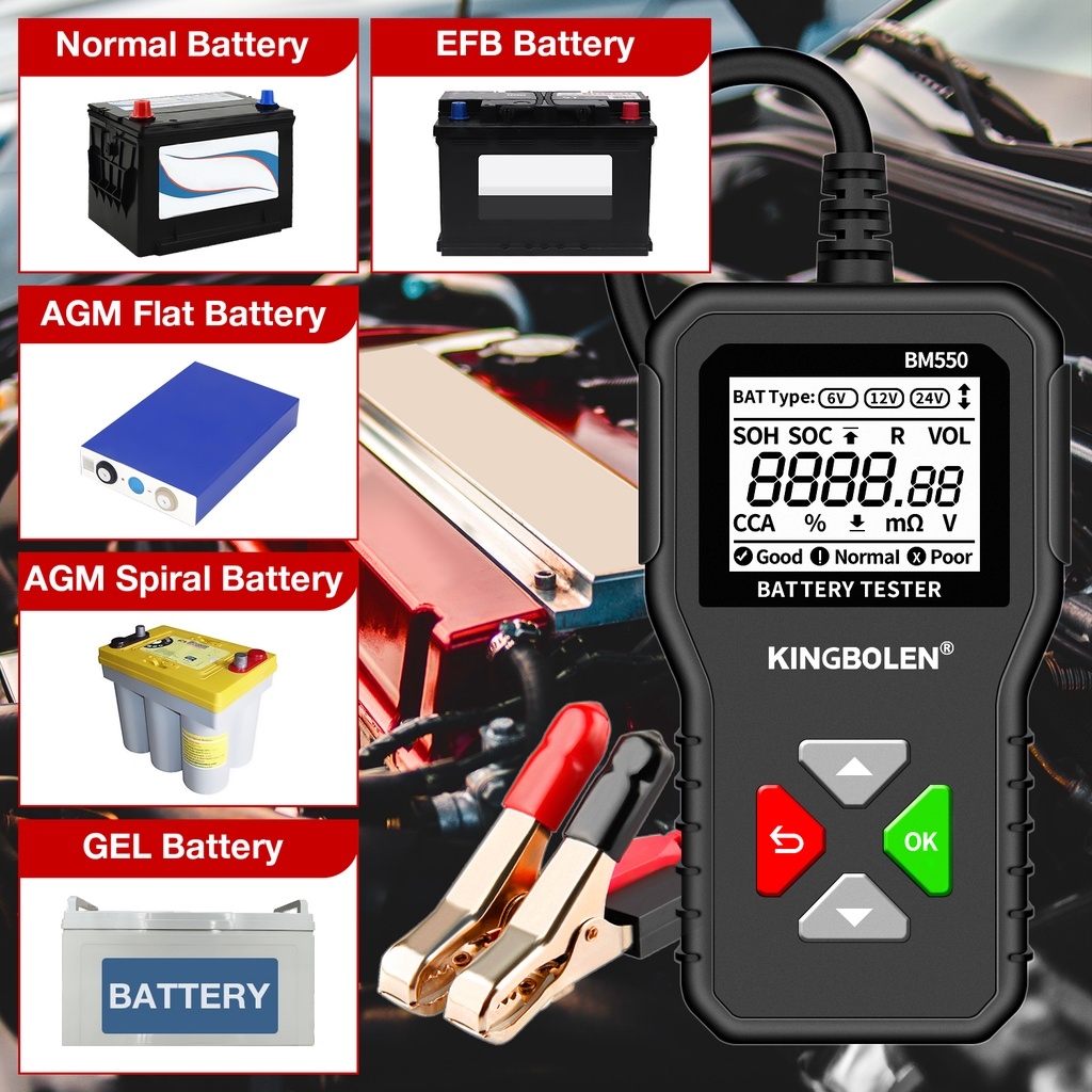 BM550 Car Battery Tester 6V 12V 24V 100-2000 CCA 2Ah-220Ah Battery ...