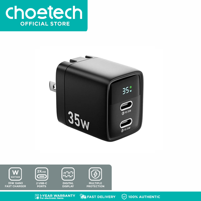CHOETECH PD 35W Wall Charger GAN3 Dual Port USB-C with LED Display ...