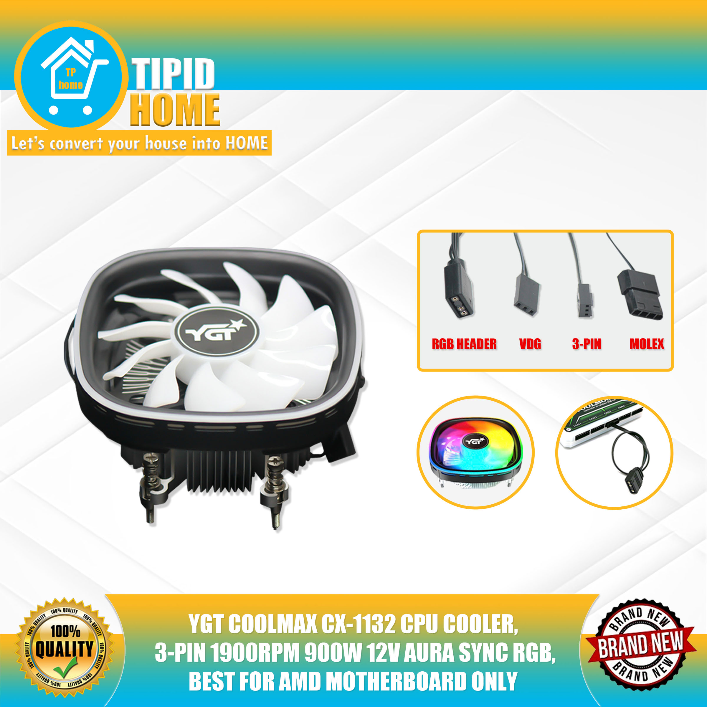 YGT COOLMAX CX-1132 CPU COOLER, 3-PIN 1900RPM 900W 12V AURA SYNC RGB ...