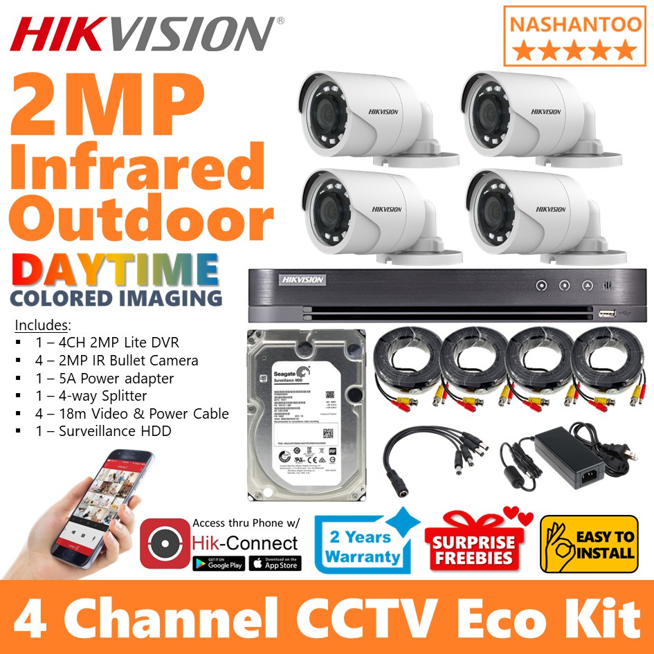 HikVision 4CH 2MP 4Cameras IR Outdoor 4CH DIY CCTV Package Complete Kit ...