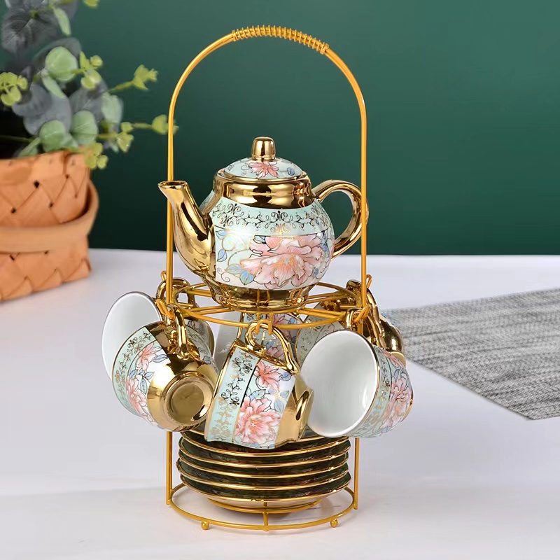 14 pcs Medieval European Fantasy Teacup and Teapot Set with Metal Rack ...
