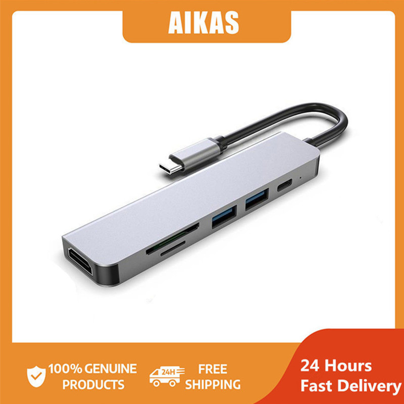 AIKAS USB C HUB 6 in 1 Type C 4K 2 USB 3.0 Ports SD/TF Card Read for ...