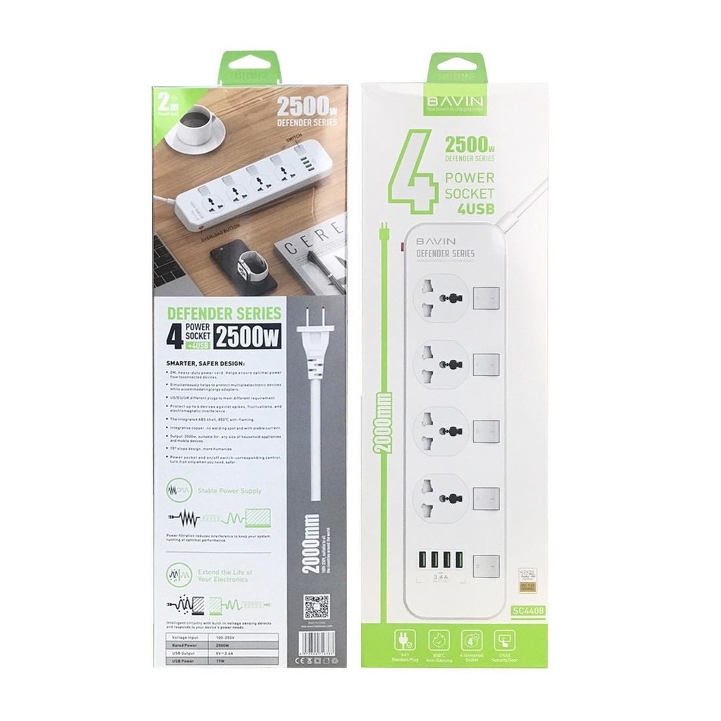 GDPLUS BAVIN SC-4408 4 Power Socket Extension with Universal AC USB ...