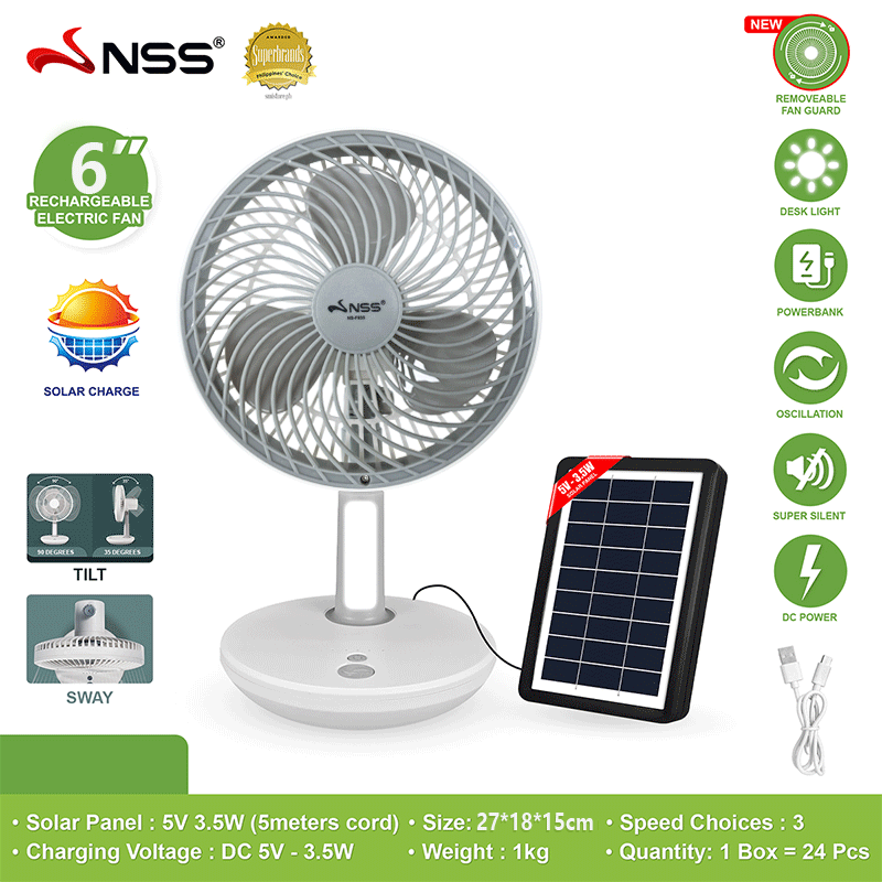 Nss 6" solar desk fan with light with solar panel rechargeable fan with ...