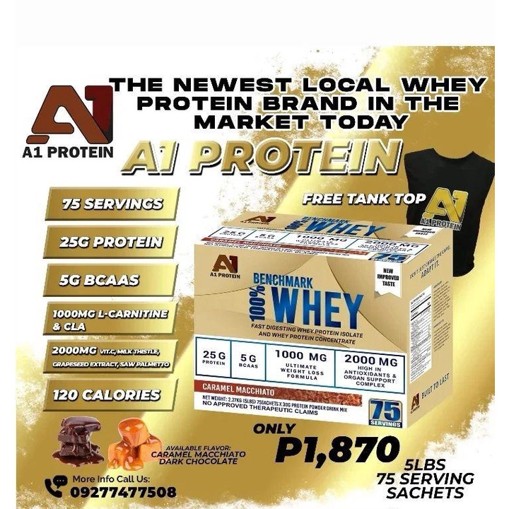 A1 Protein 75 Servings Benchmark 100% WHEY (FREE Tank Top For Every Box ...