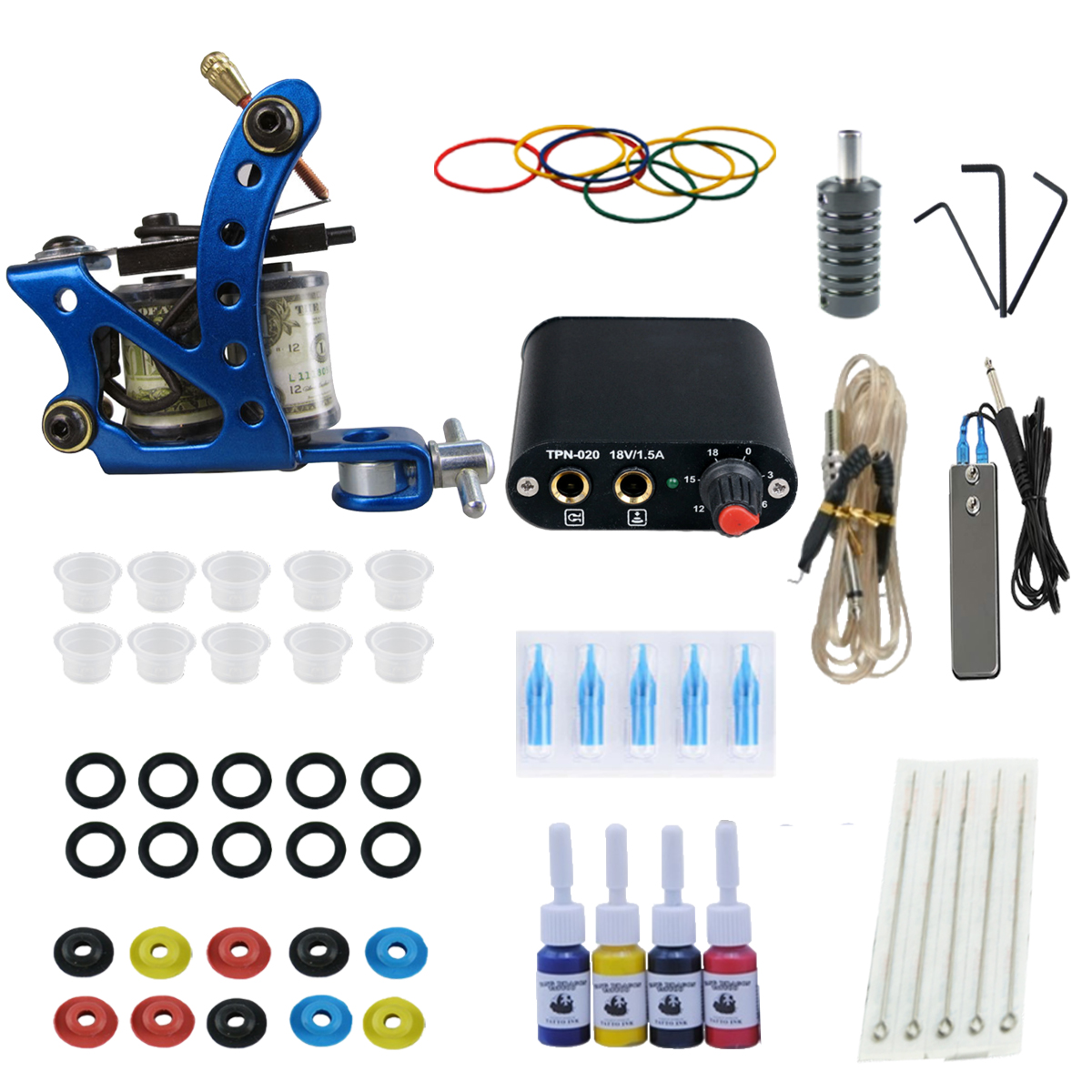 Complete Tattoo Kits with Coils Tattoo Machine Guns Power Supply Foot ...