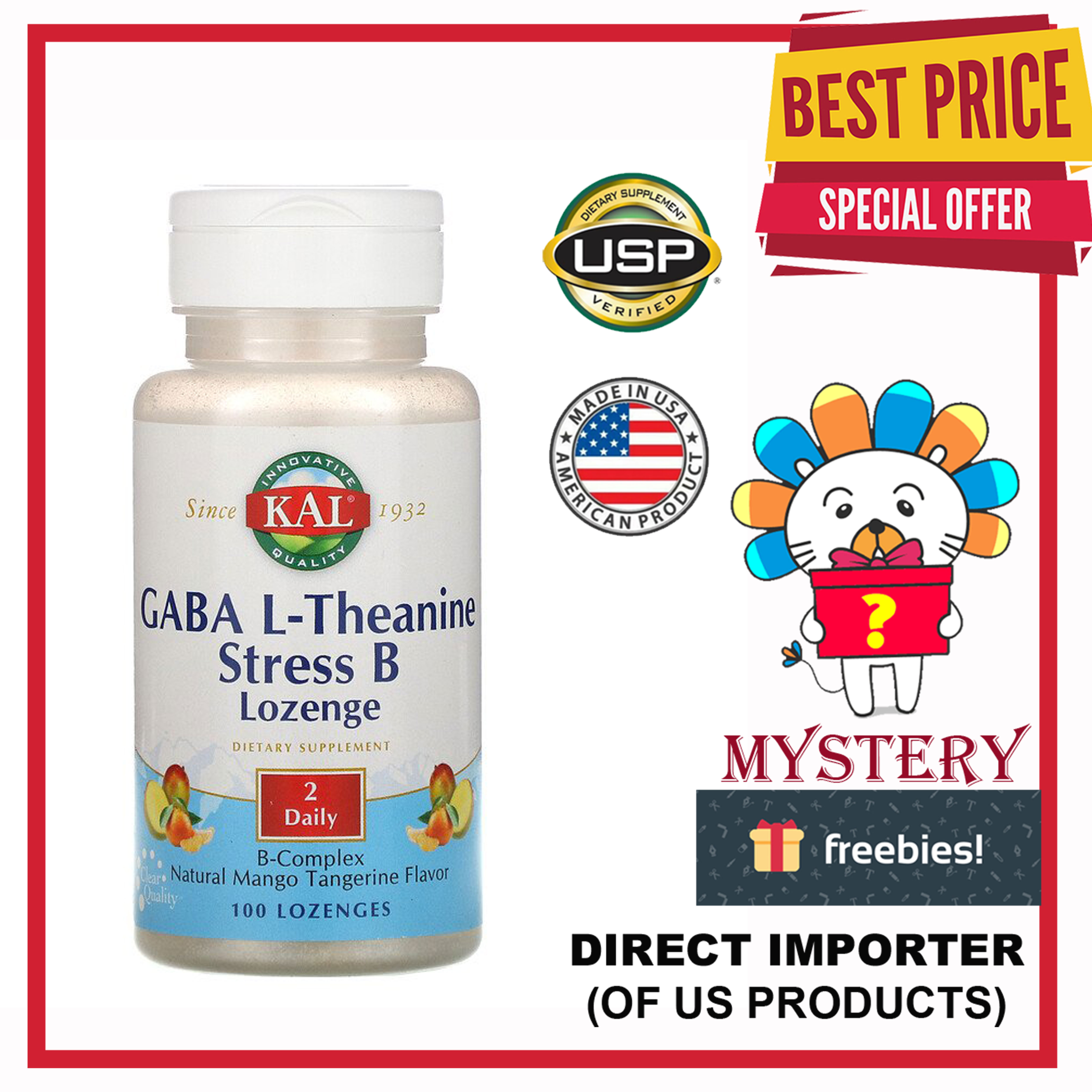 KAL, GABA L-Theanine Stress B Lozenge, Natural Mango Tangerine Flavor ...
