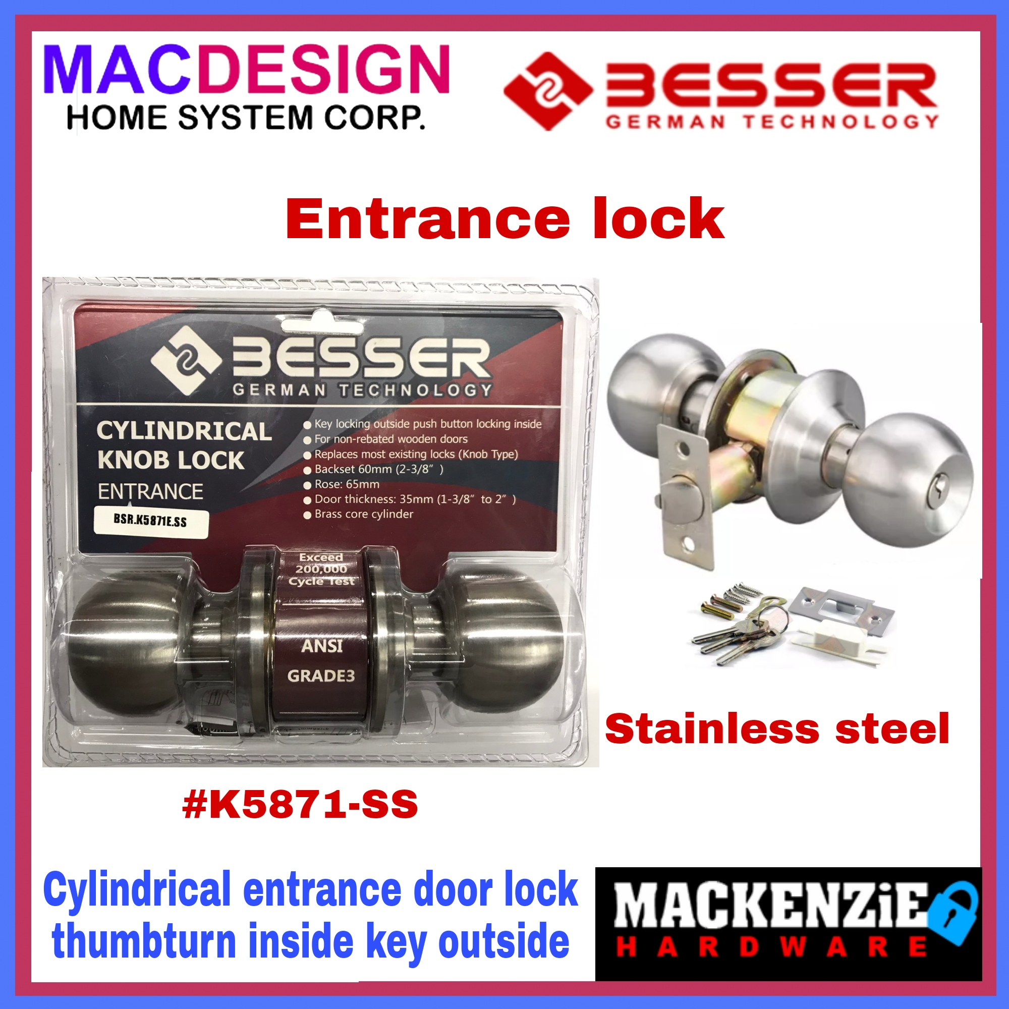 BESSER K5871E CYLINDRICAL ENTRANCE DOOR LOCKSET WITH KEY STAINLESS ...