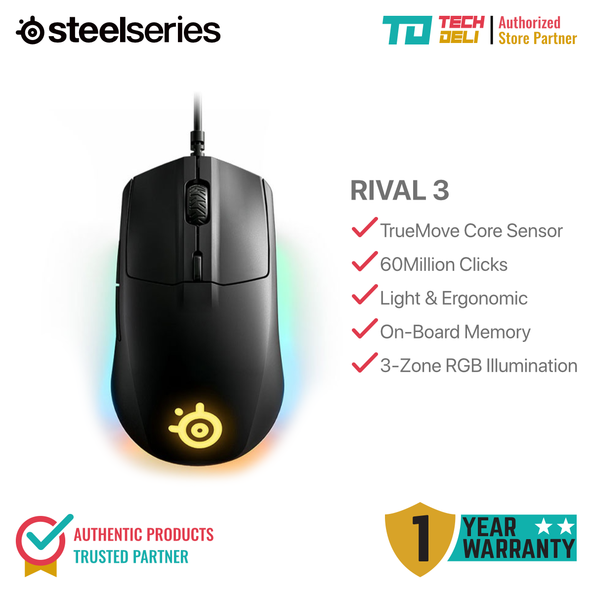SteelSeries Rival 3 Gaming Mouse | 8500 CPI TrueMove Core Optical ...