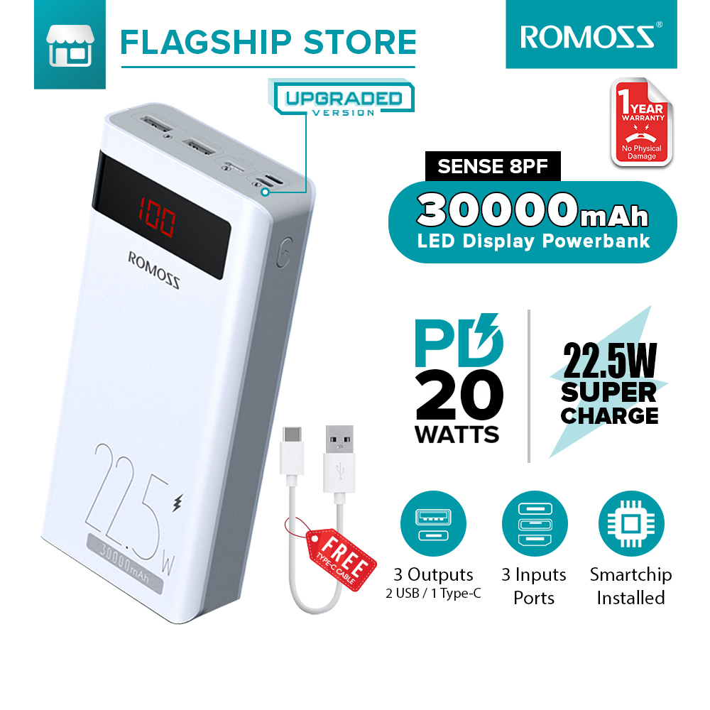 Romoss Sense 8PF 30000mAh Powerbank 22.5w Fast Charge Digital Display ...
