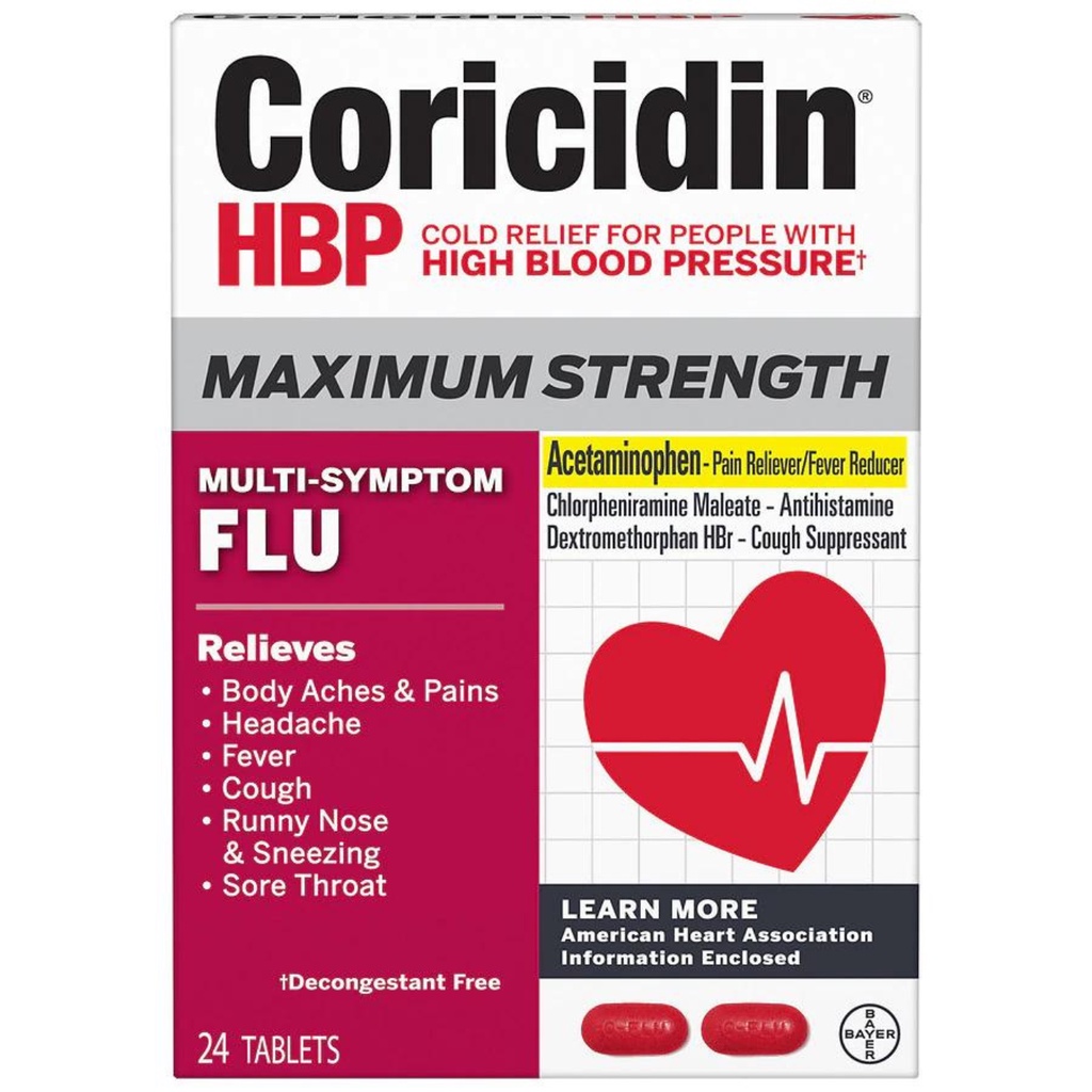 Coricidin HBP Maximum Strength Multi-Symptom Flu Tablets, 24 Tablets ...