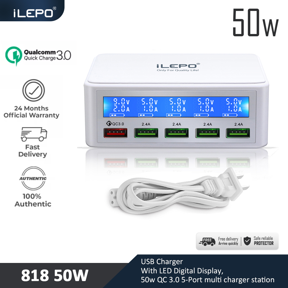 USB Charger with LED Digital Display,50W QC 3.0 5-Port multi charger ...