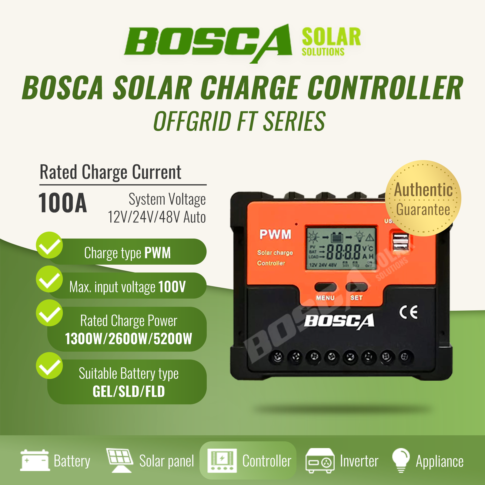 BOSCA Solar Charge Controller PWM 12v 24v 48v OPTIONAL AUTO 10A-100A ...