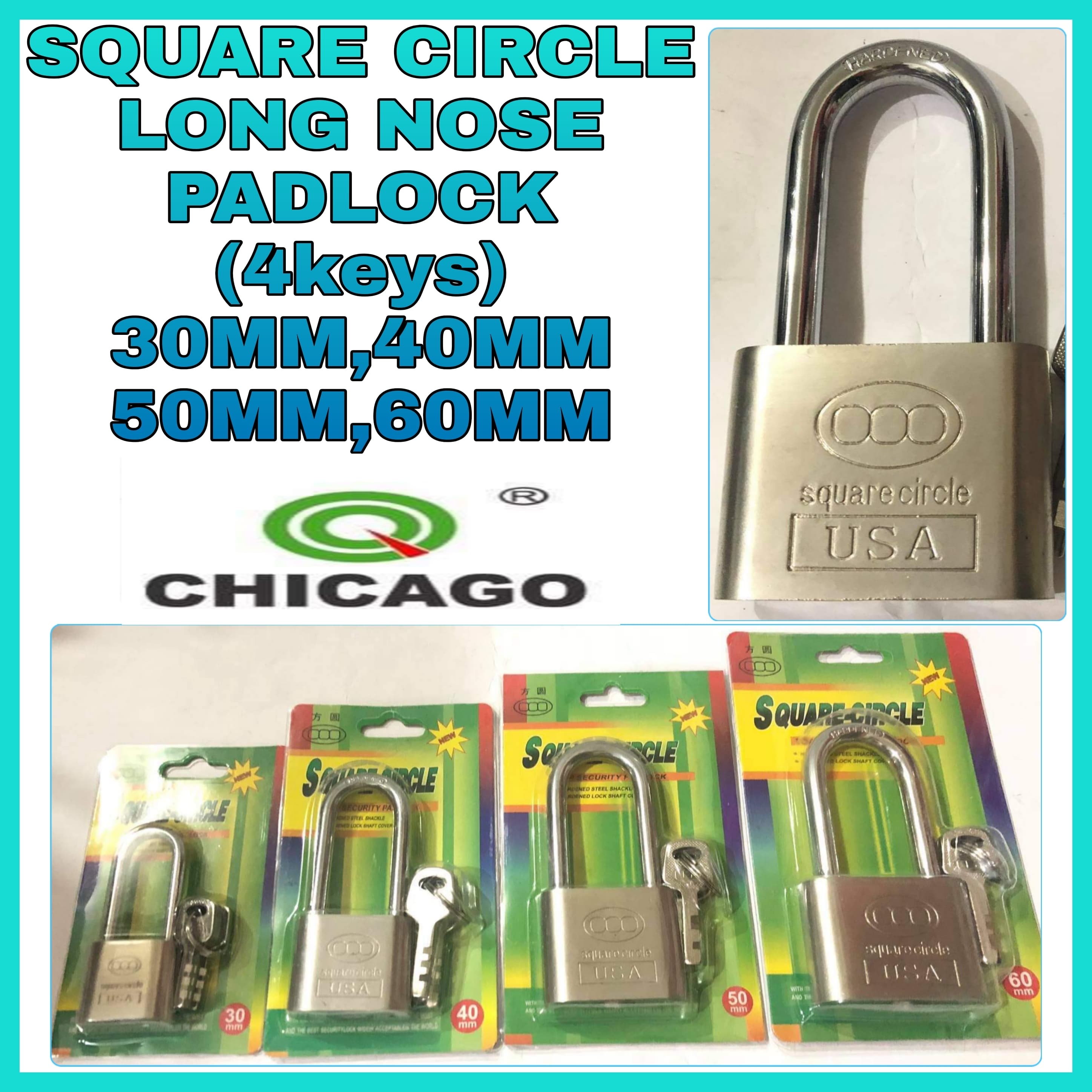 CHICAGO 1PC LONG NOSE Square Circle Security Stainless Padlock ...