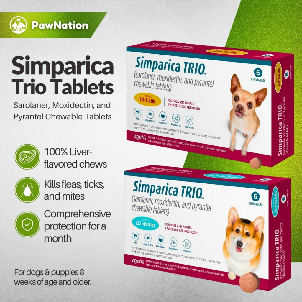 Simparica TRIO Chewable Tablet Heartworm and Dewormer for Dogs Anti Ticks and Fleas Treatment ...