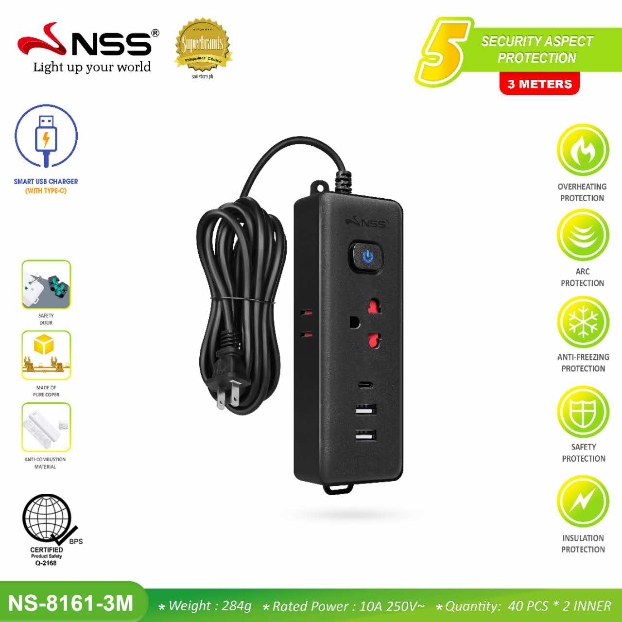 Heavy Duty Extension Cord With 4 Power Socket 2 Usb Port 1 Type C Port Power Strips Socket Plug