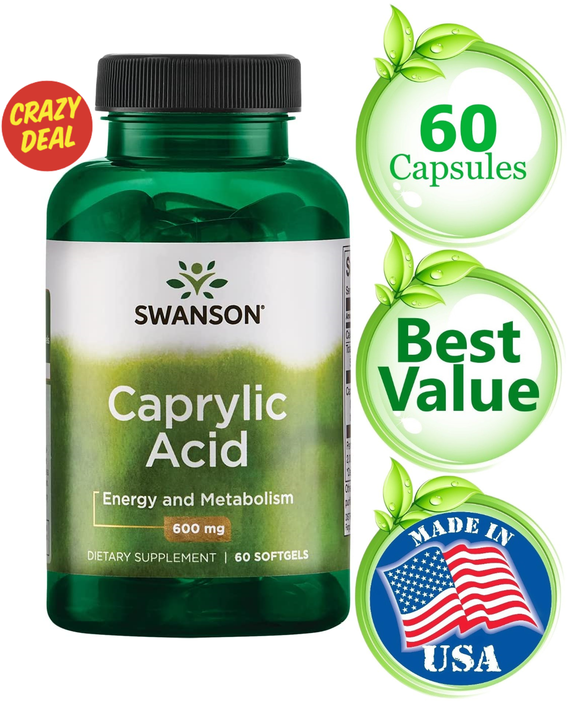 Caprylic Acid Full Spectrum® MCT 600mg 60 Caps for Gut Health ...