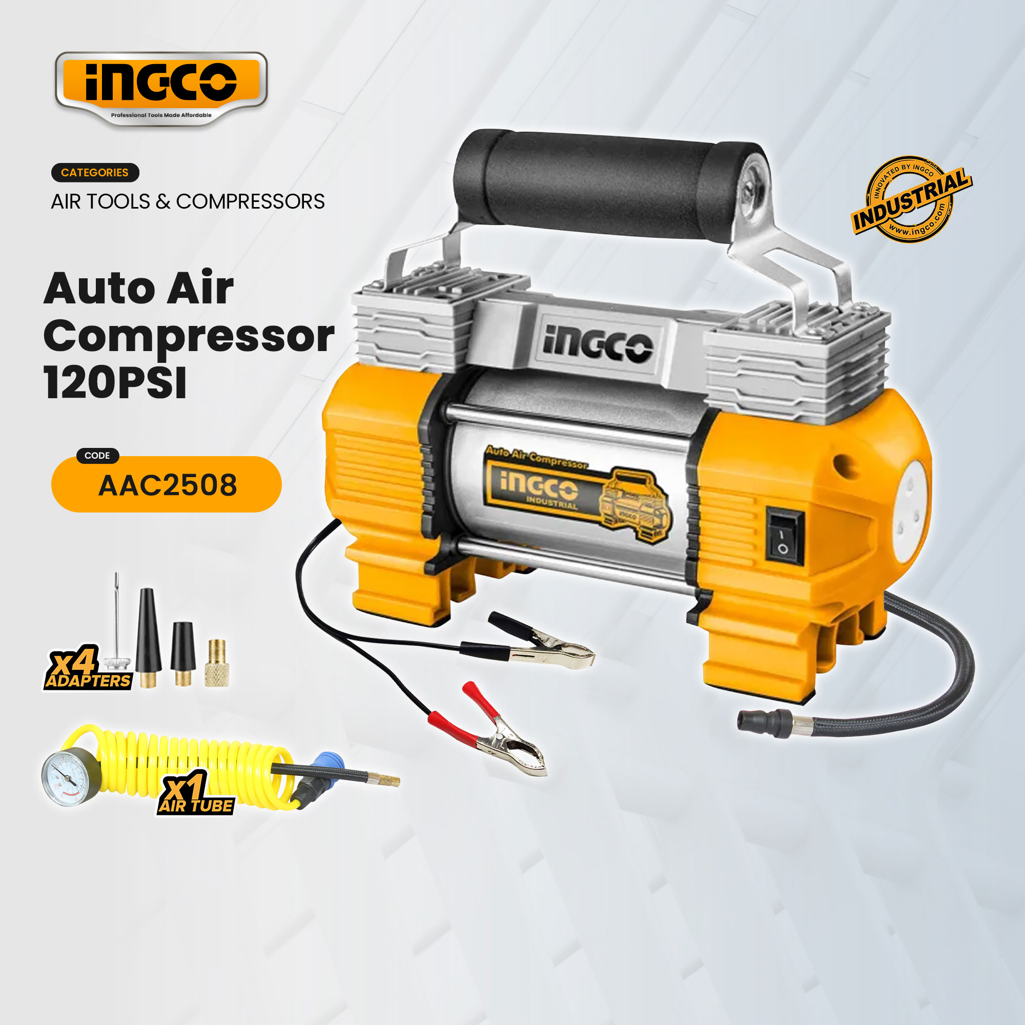 Ingco 12V Industrial Auto Air Compressor Tire Inflator 18A 120PSI ...