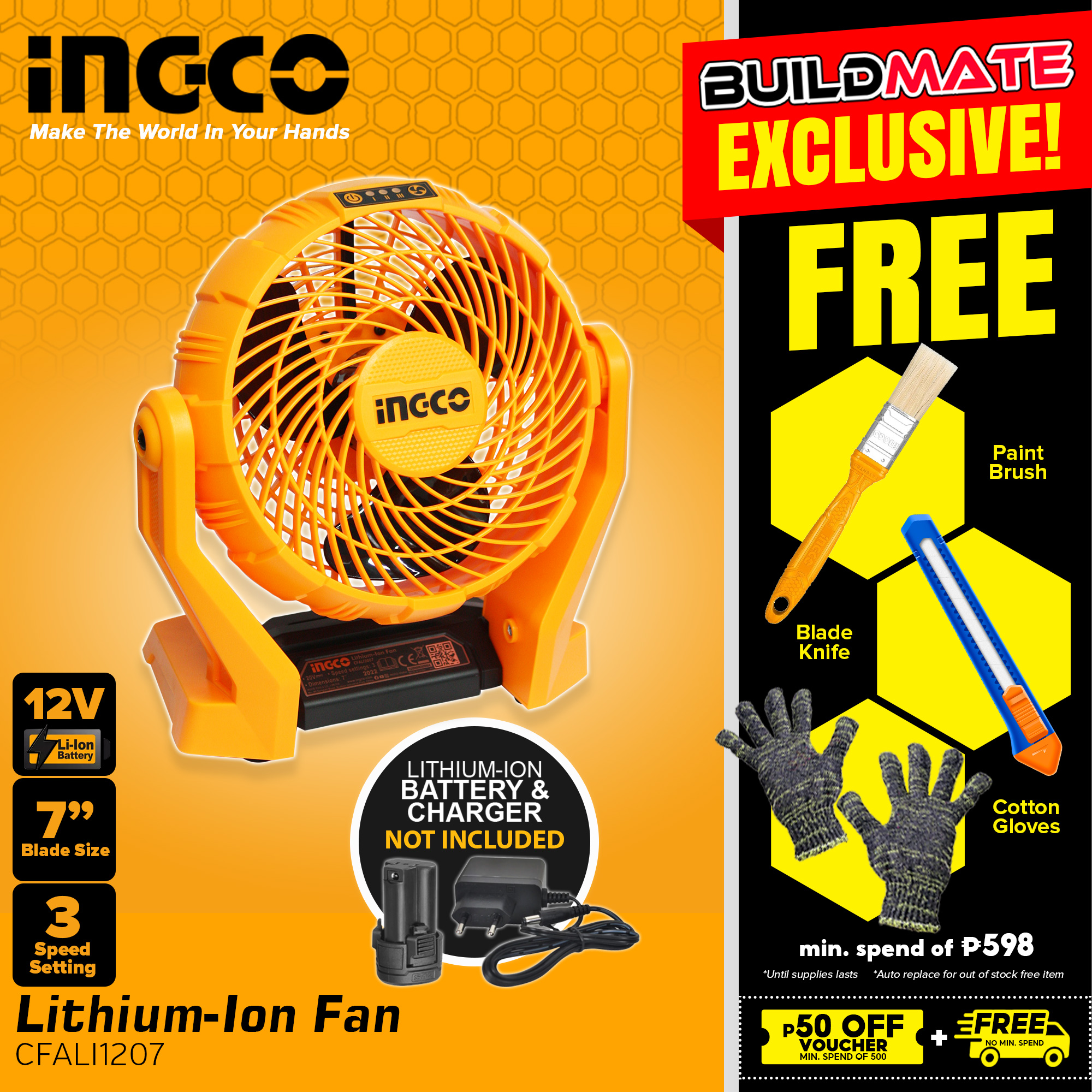 INGCO Cordless Lithium-Ion Fan 12V With 3 Speed 7" Inches Head Rotation ...