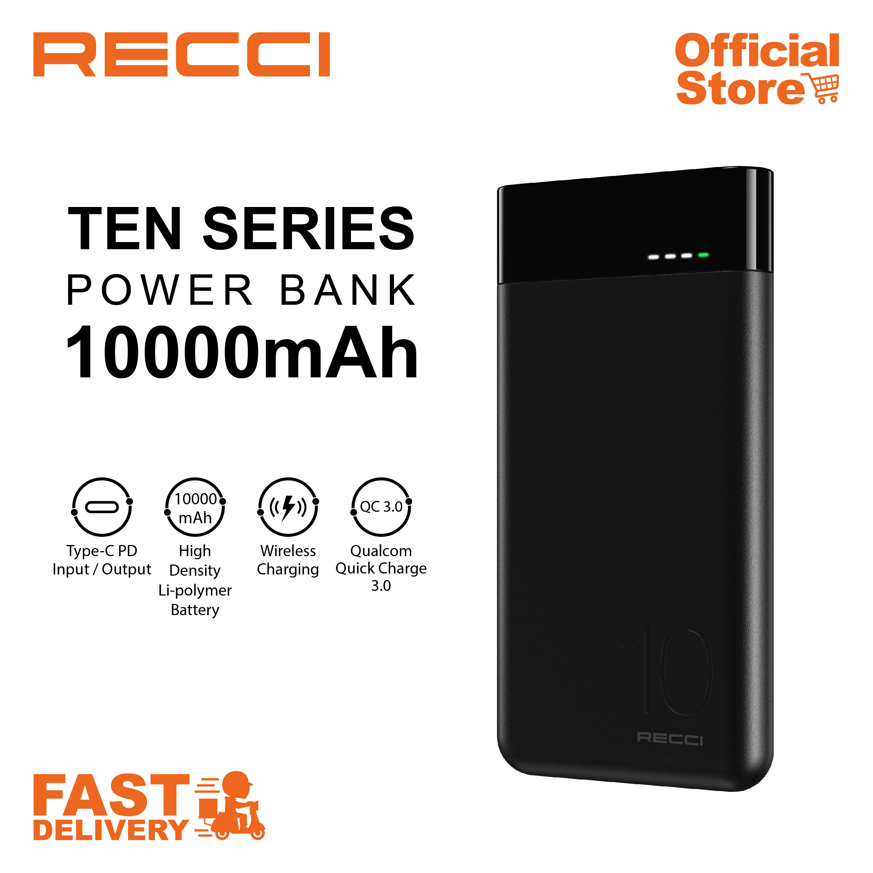 Recci - Power Bank - Ten Series - 10000mAh - Black / RT-10000WP | Lazada PH