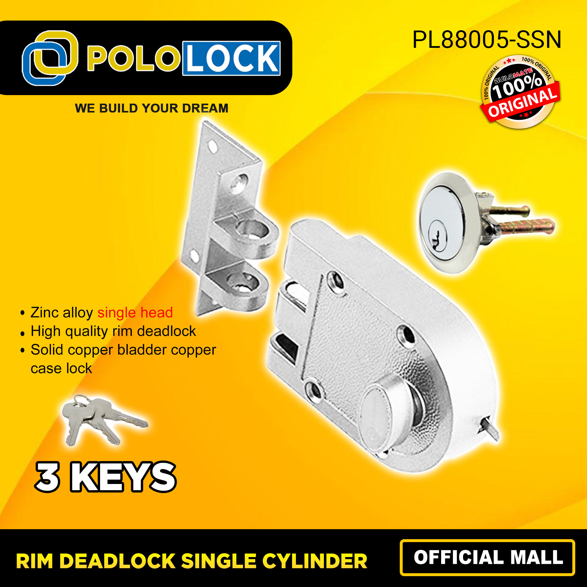 Pololock Rim DeadLock Single Cylinder Satin Nickle Swing Sliding Door ...
