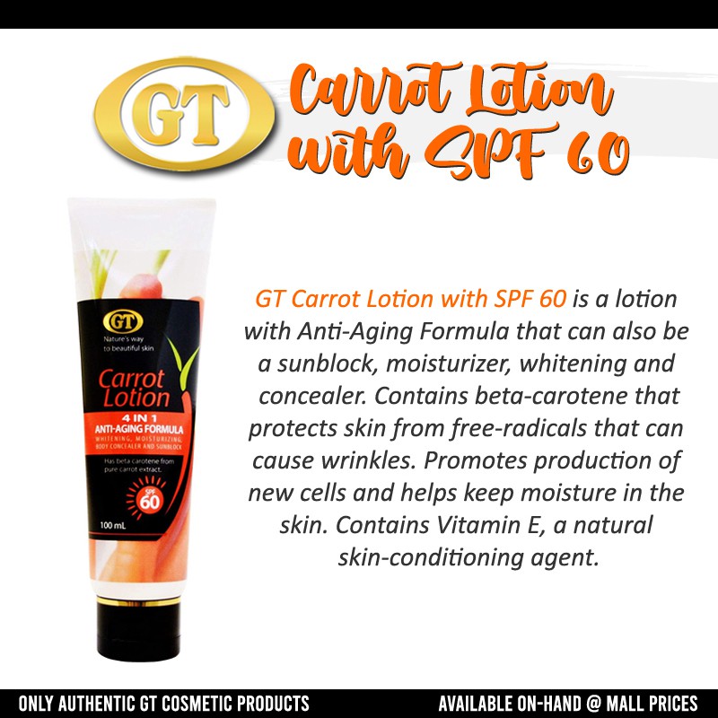 PROMO GT Cosmetics Carrot Lotion SPF 60 | Lazada PH